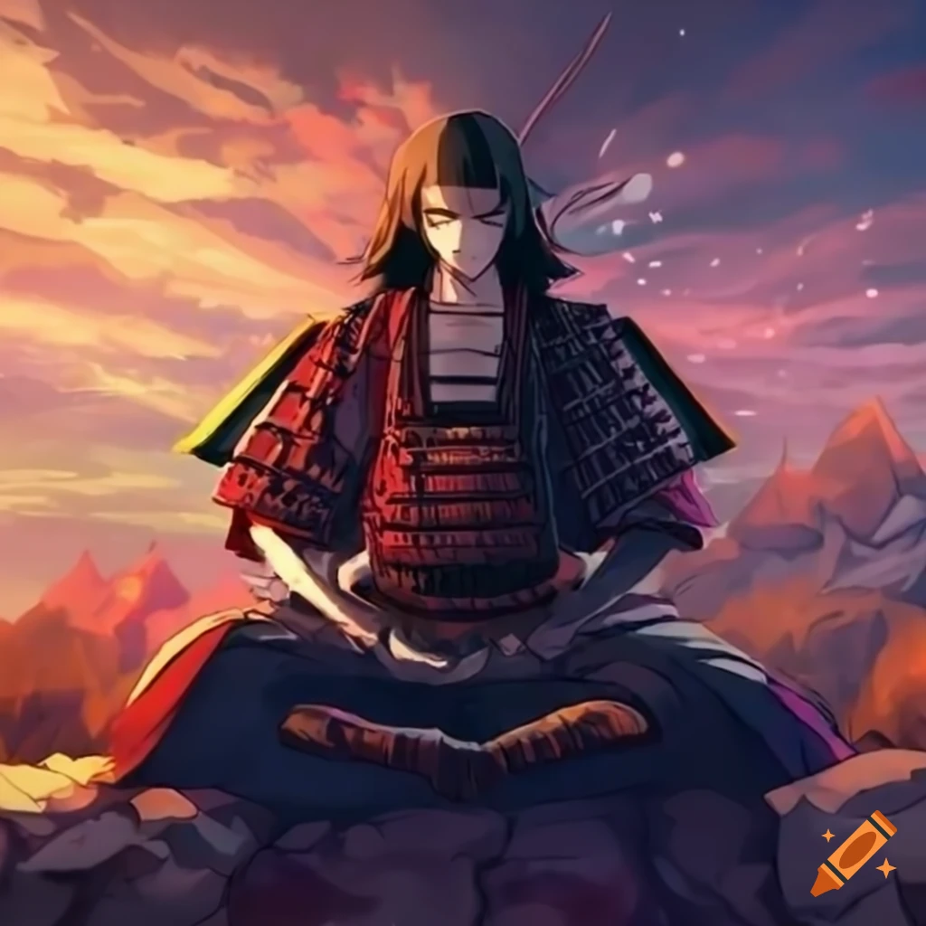 Anime samurai meditating on a mountain on Craiyon
