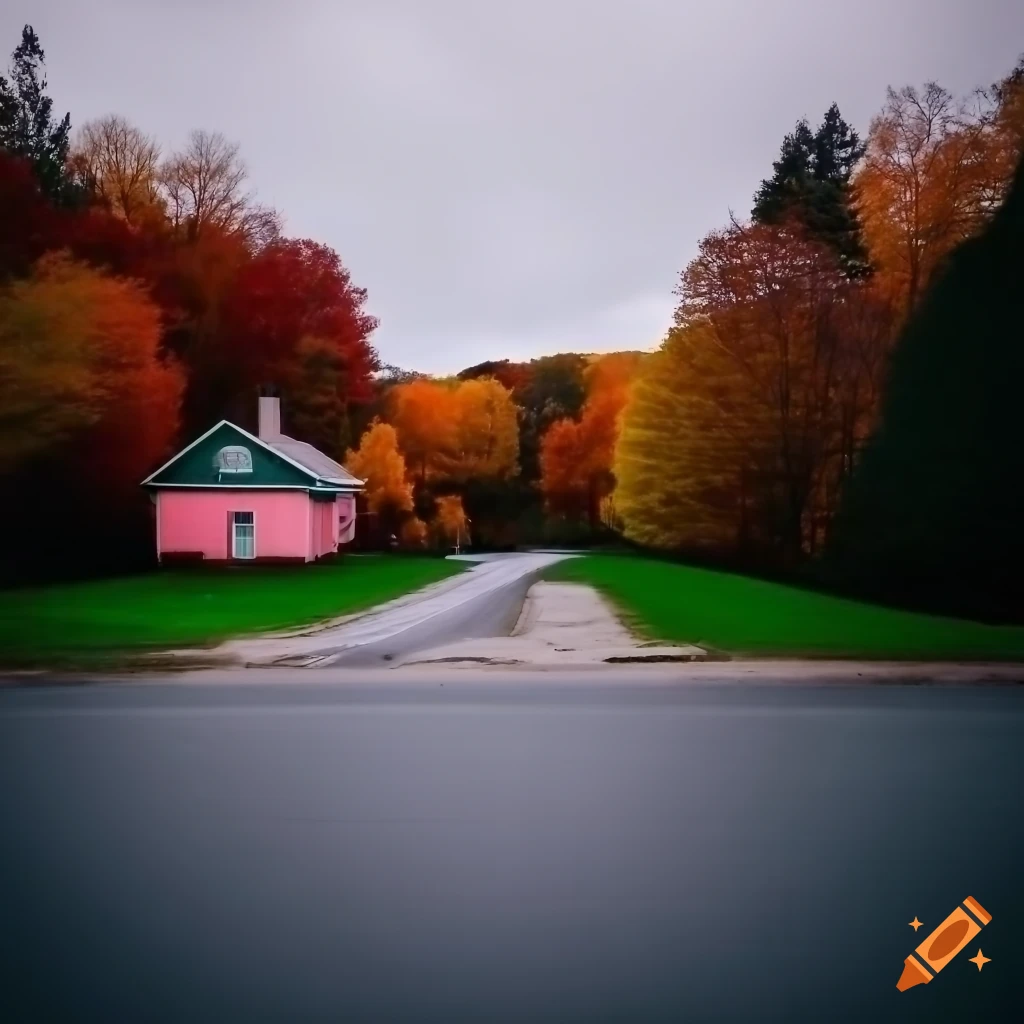Photo of a liminal neighborhood with pastel-colored houses on a green ...