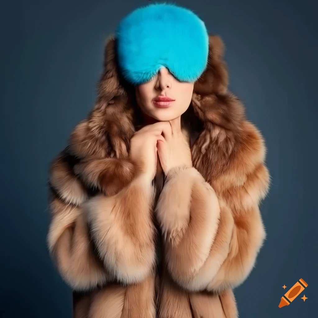 Woman wearing a blue fur sleep mask and fluffy coat on Craiyon