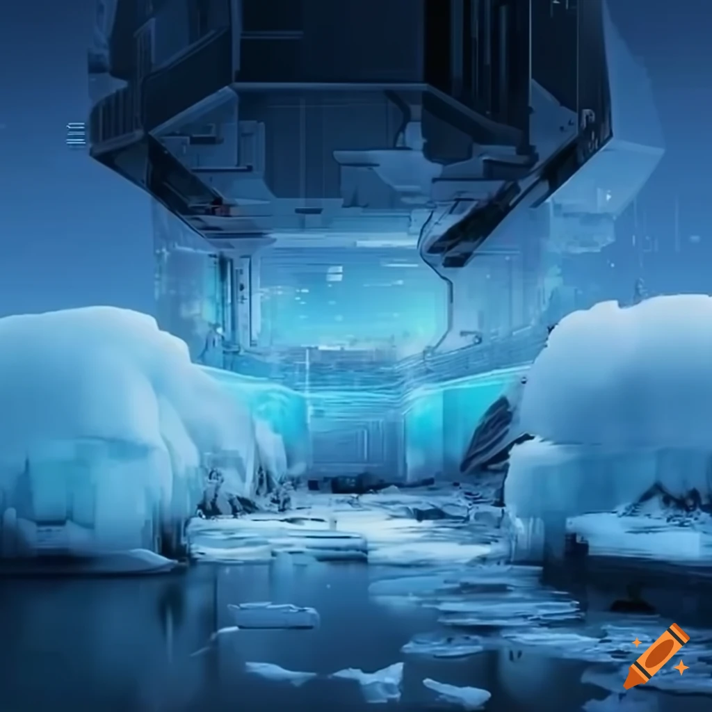 Futuristic digital art of frozen computers in an icy landscape on Craiyon