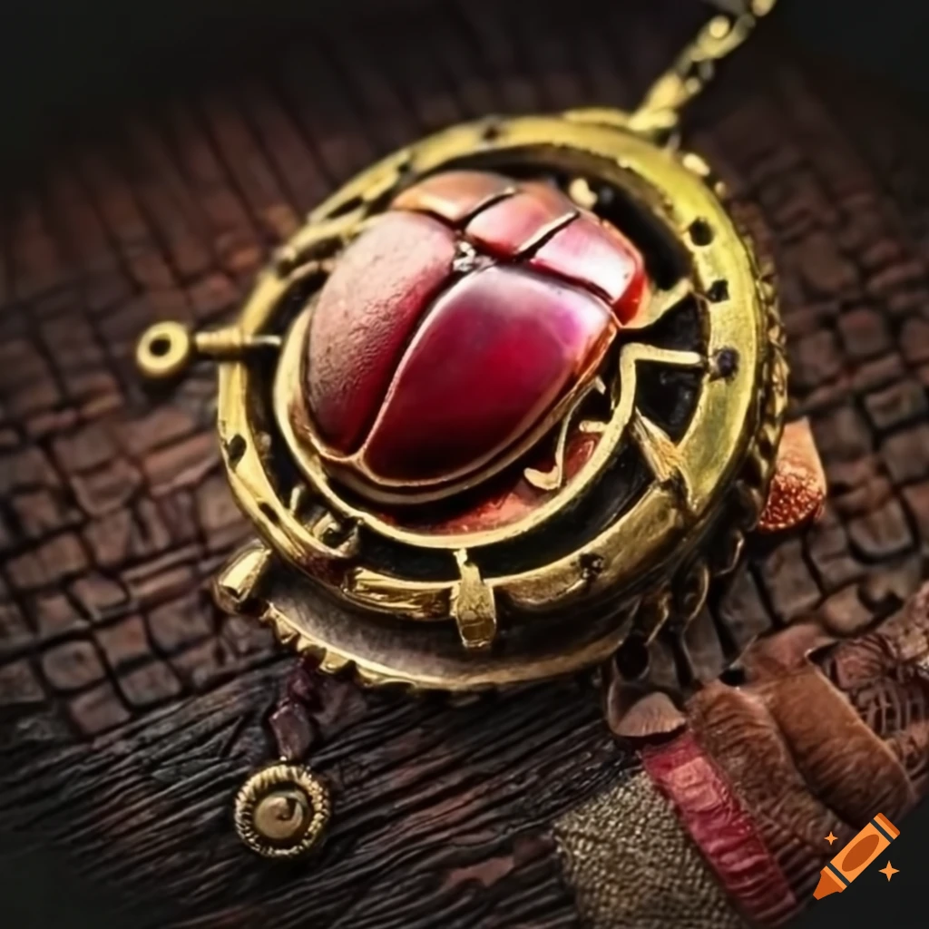 Steampunk brass scarab medallion with ruby red eyes on Craiyon