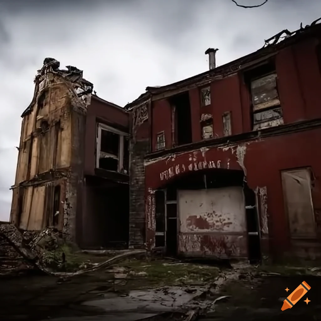 Abandoned fire station in a destroyed city on Craiyon