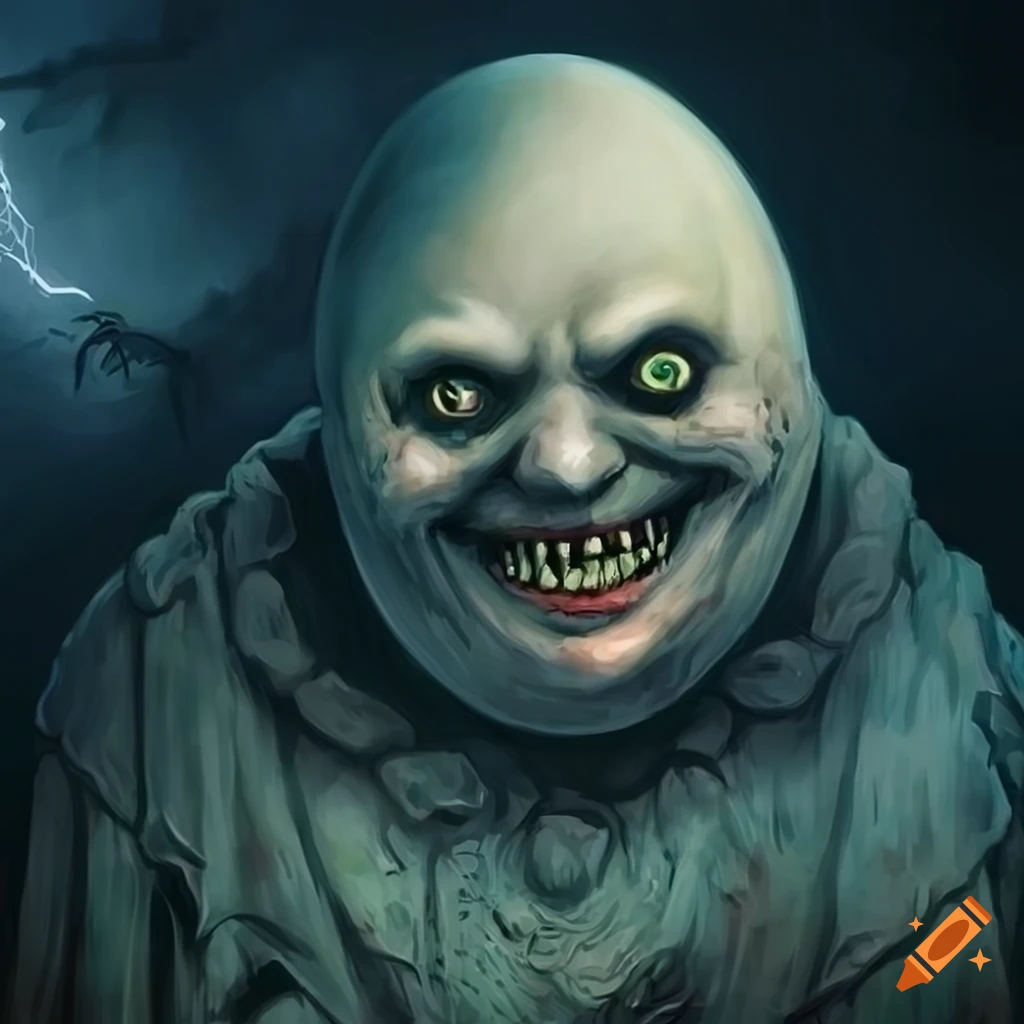 Dark and disturbing artwork of an evil giant egg-man on Craiyon