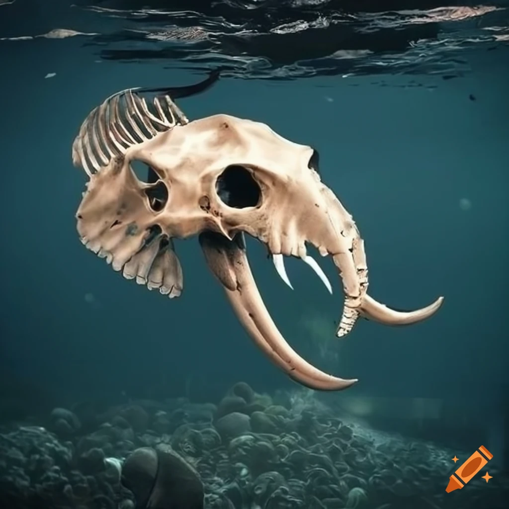 Alien creature skull resembling a piranha among corals under the sea on ...