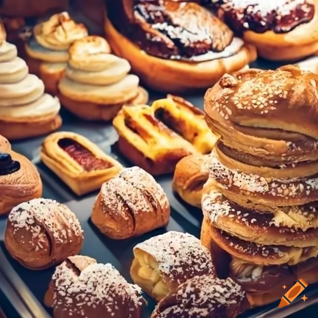 Tempting display of pastries in a bakery on Craiyon