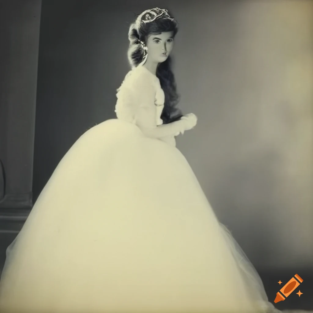 Vintage photo of a princess in a fluffy white dress