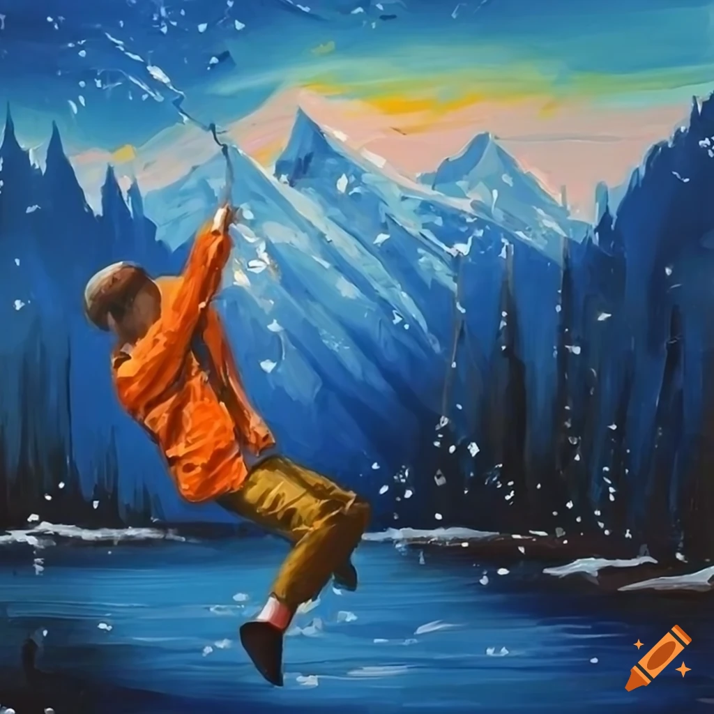 Knife palette painting of a man falling in a snowy landscape on Craiyon