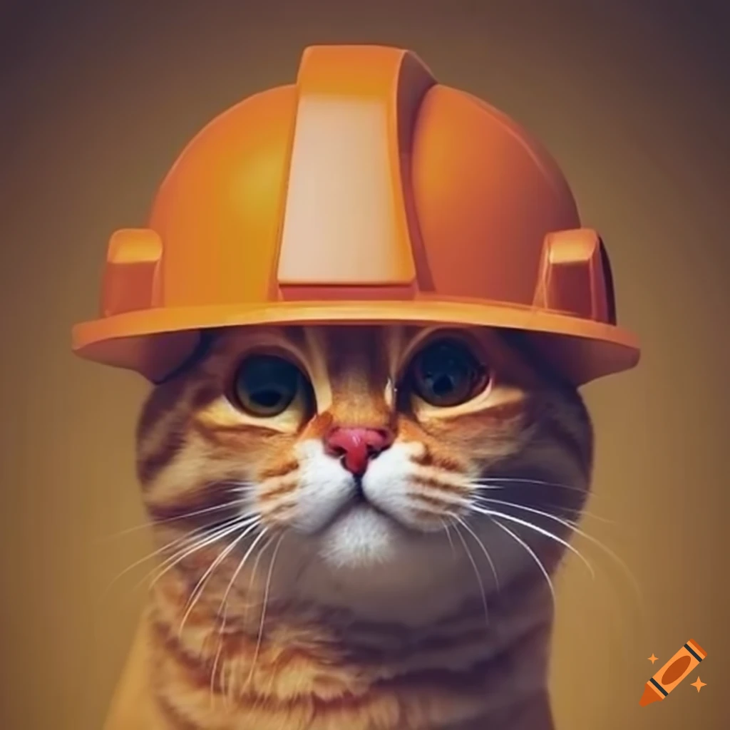 Funny orange cat wearing a construction helmet on Craiyon