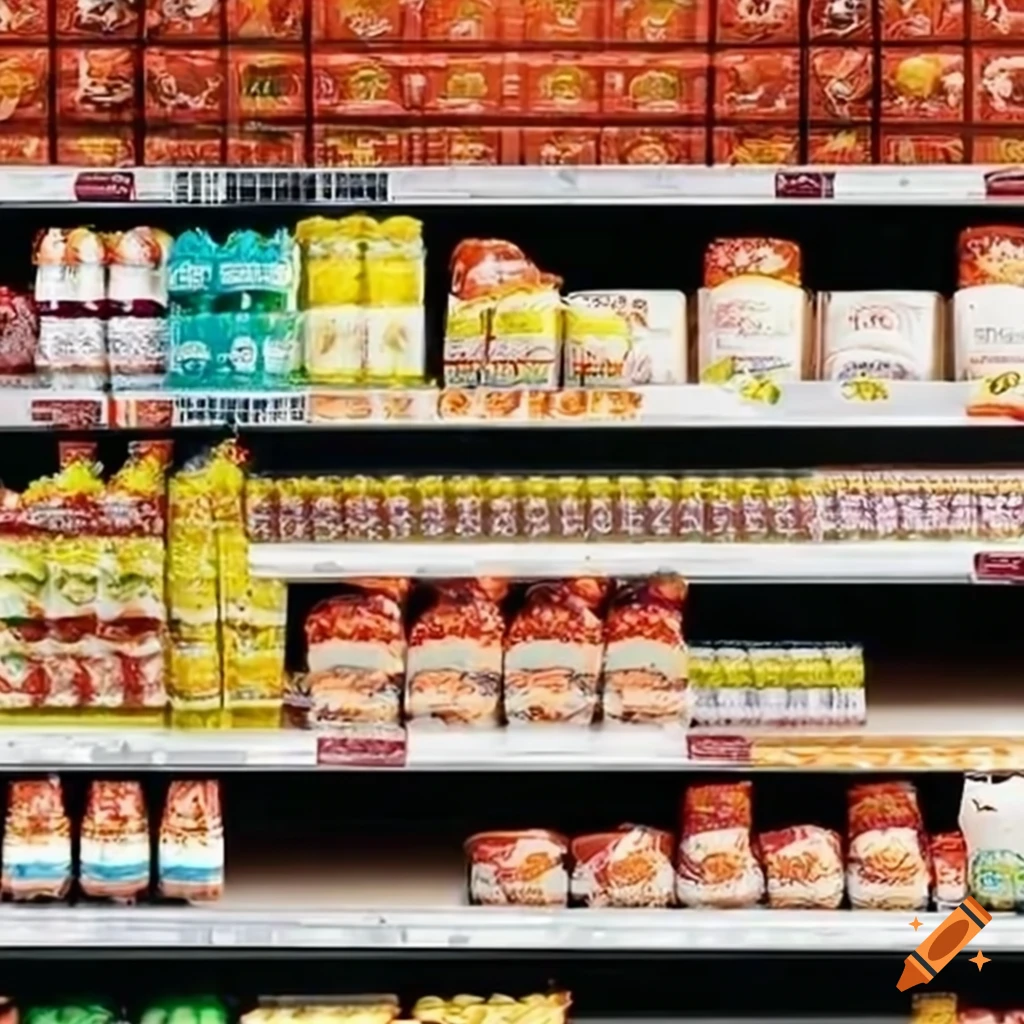 Food displayed on a store shelf on Craiyon