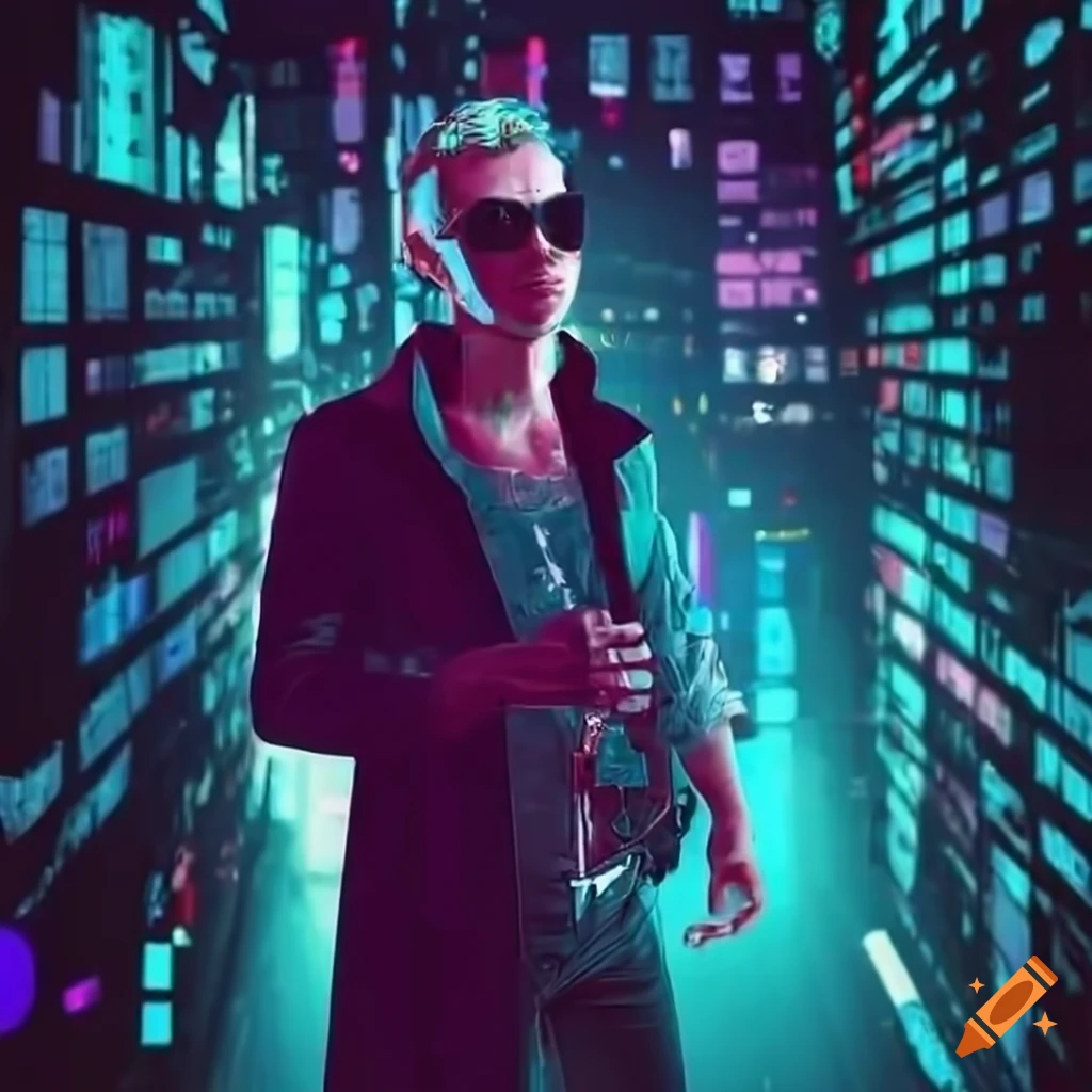 Cyberpunk guy standing in front of a wall of TV screens on Craiyon