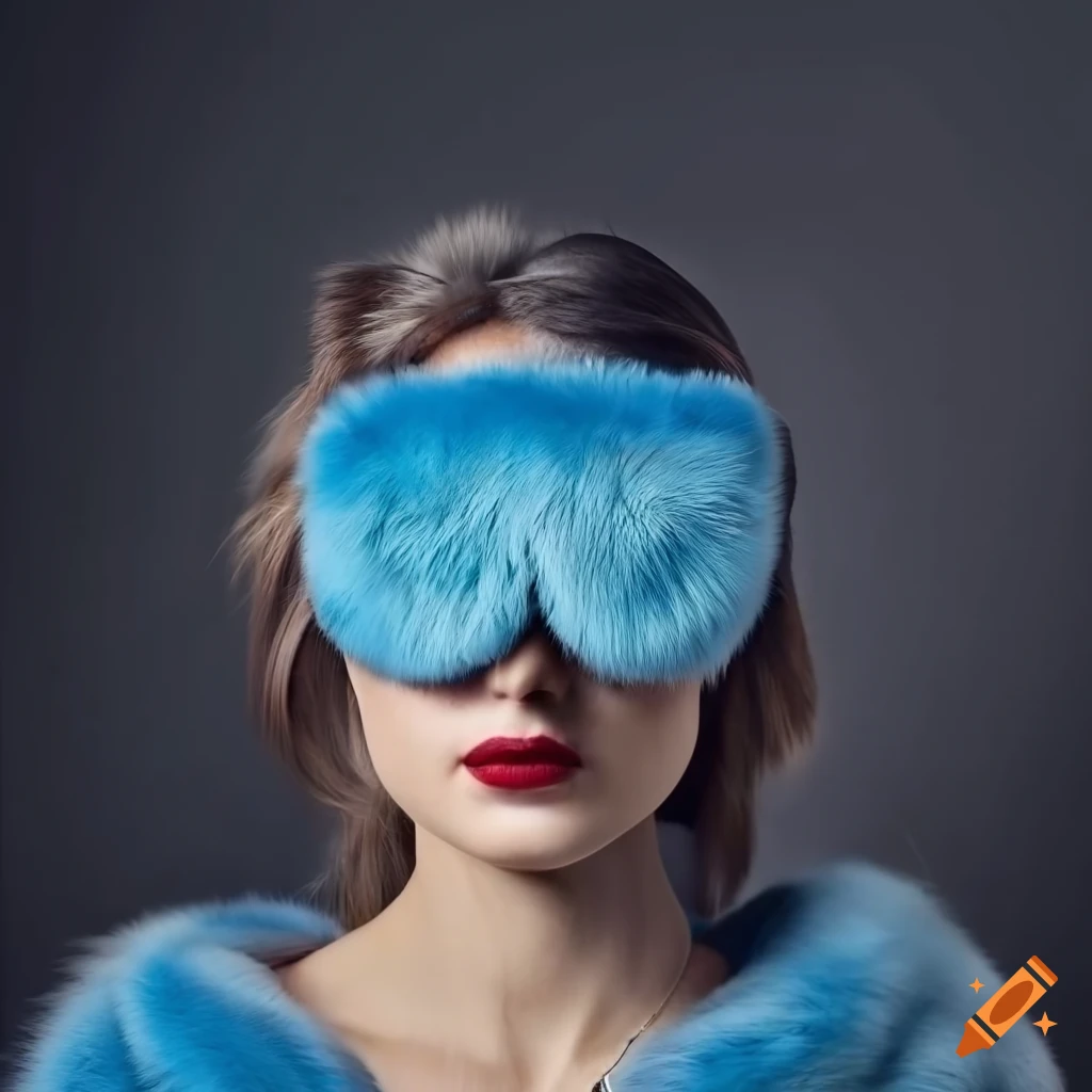 Woman in stylish fur coat with blue sleep mask on Craiyon