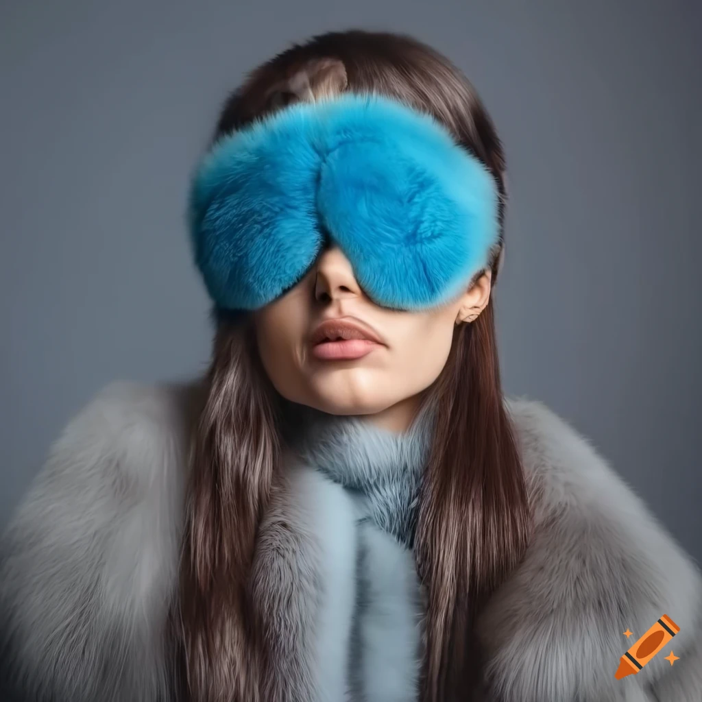 Stylish woman wearing a fluffy fur coat and sleep mask