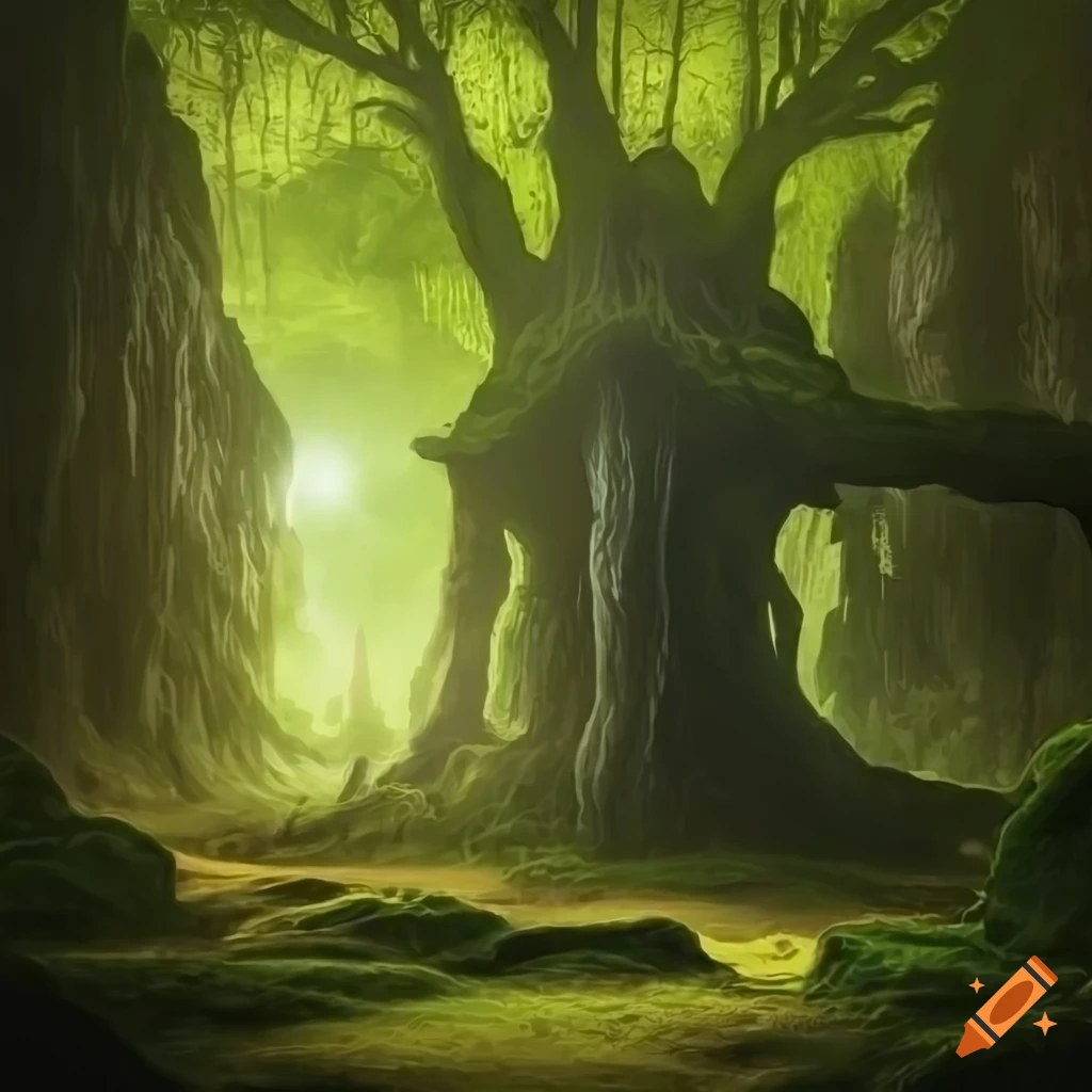 Fantasy artwork of a mystical grove with an entrance to a limestone ...
