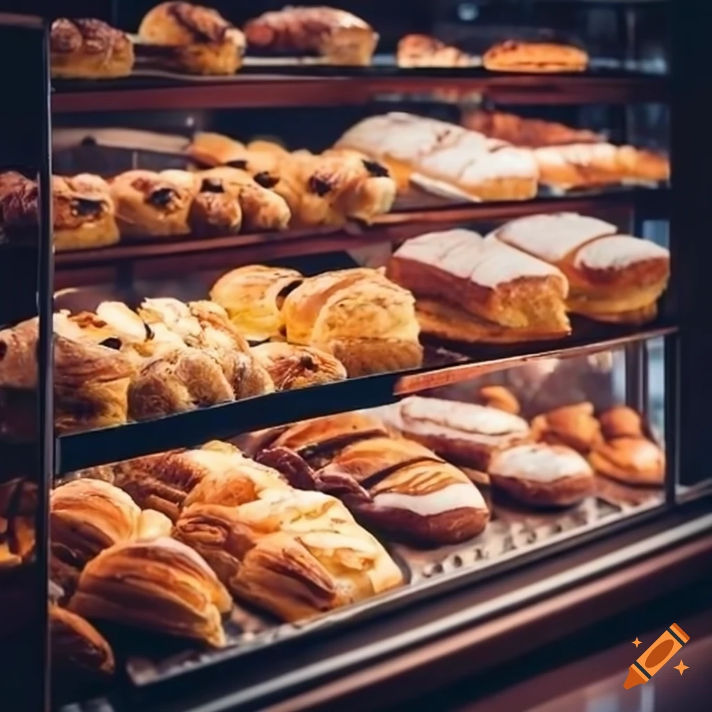 Tempting display of pastries in a bakery