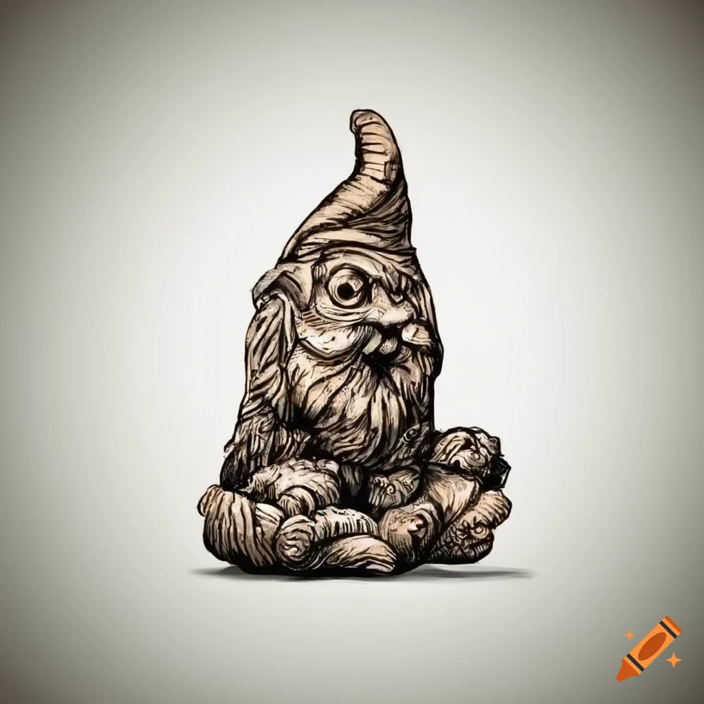 Ink illustration of a gnome-shaped wooden carving on a scroll on Craiyon