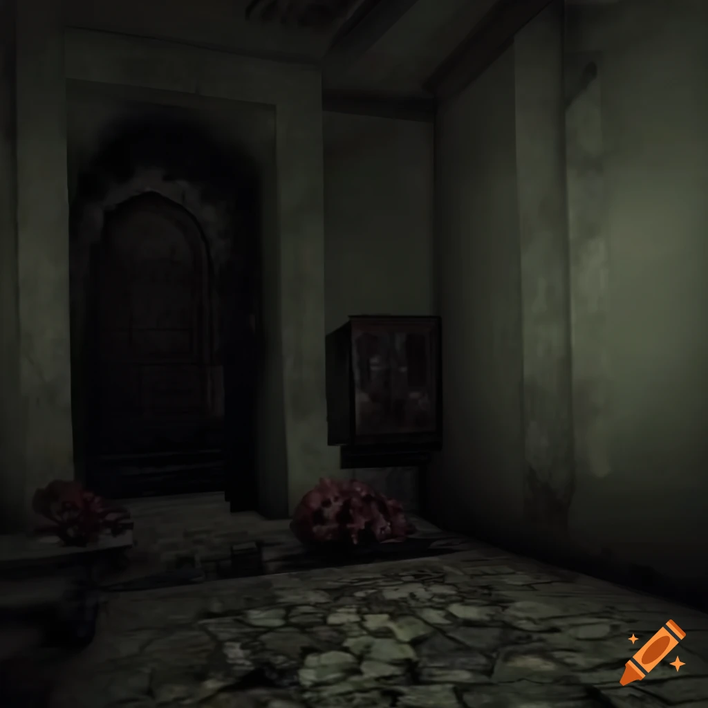 Dark room with a memorial grave in ps1 style graphics