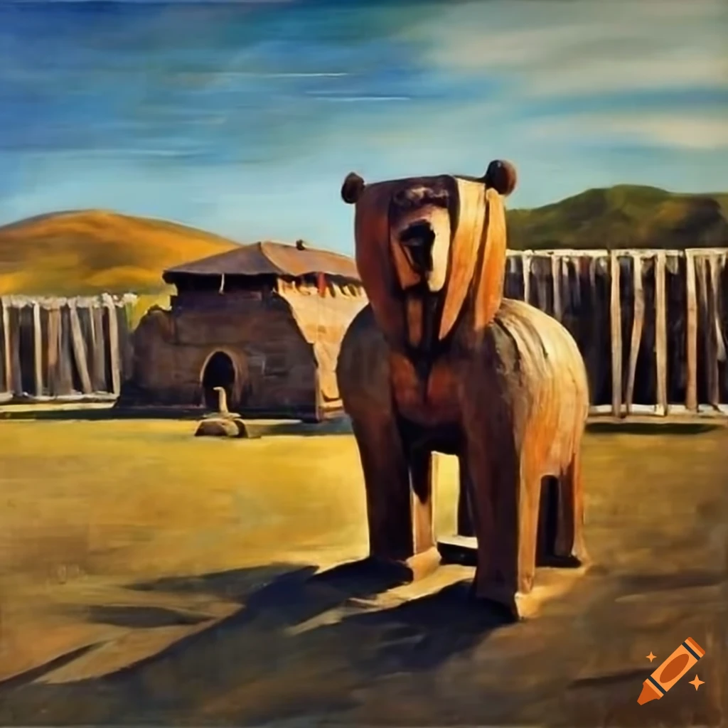 Painting of a Giant Wooden Trojan Bear at a native american settlement ...