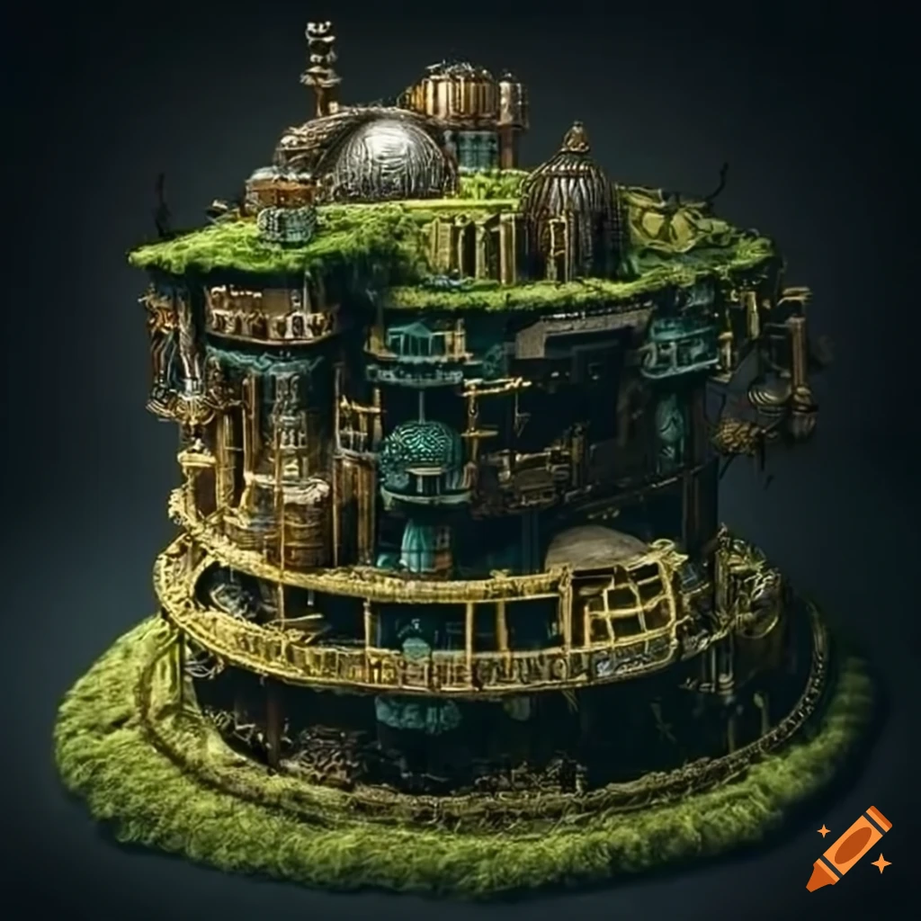 Image of a moss-covered steampunk space station