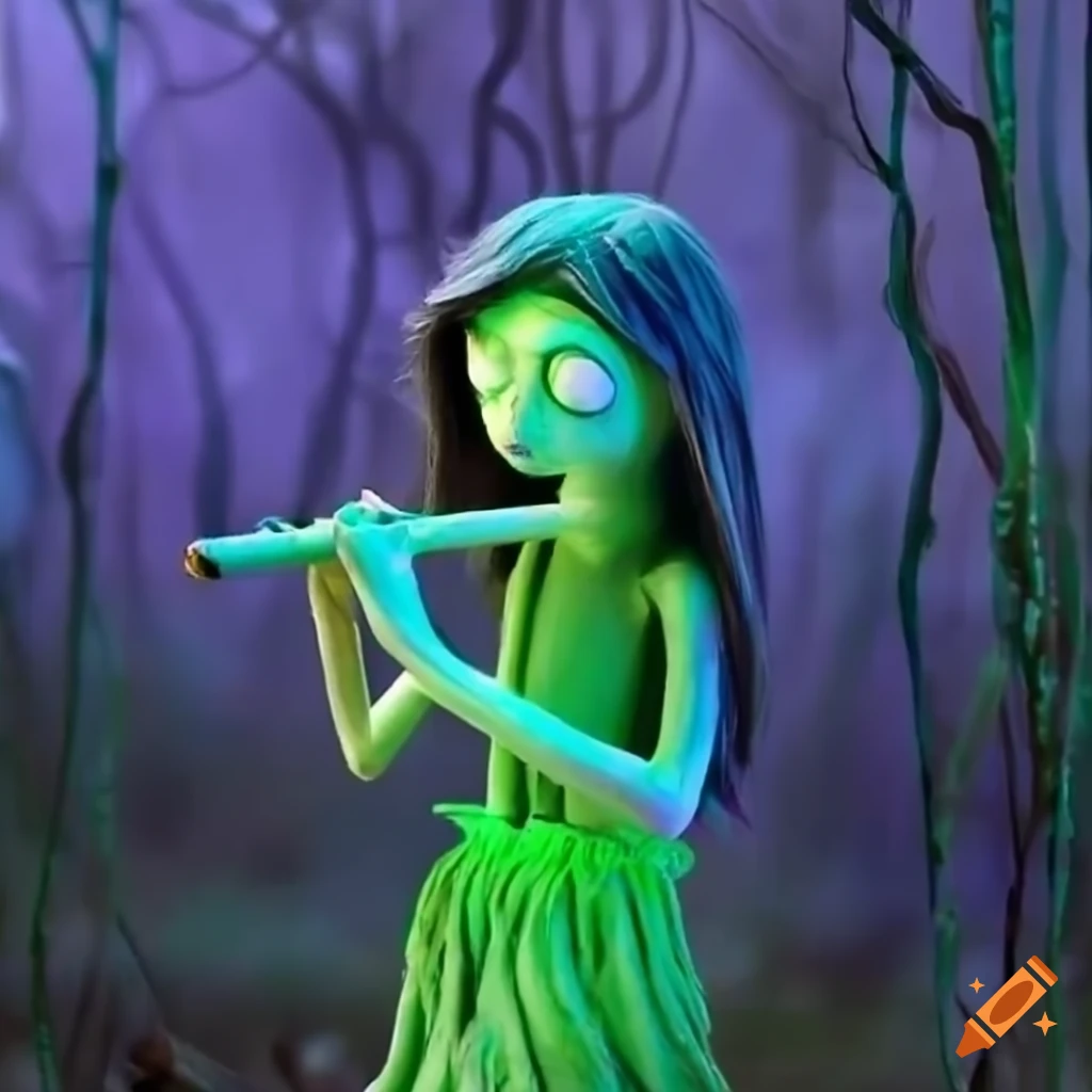 Tim Burton Style Claymation Girl Playing A Glowing Flute In A Mystical