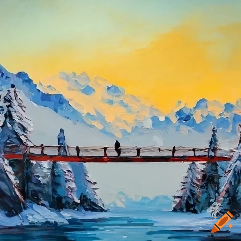 Painting of a man jumping off a bridge into a river surrounded by snow ...