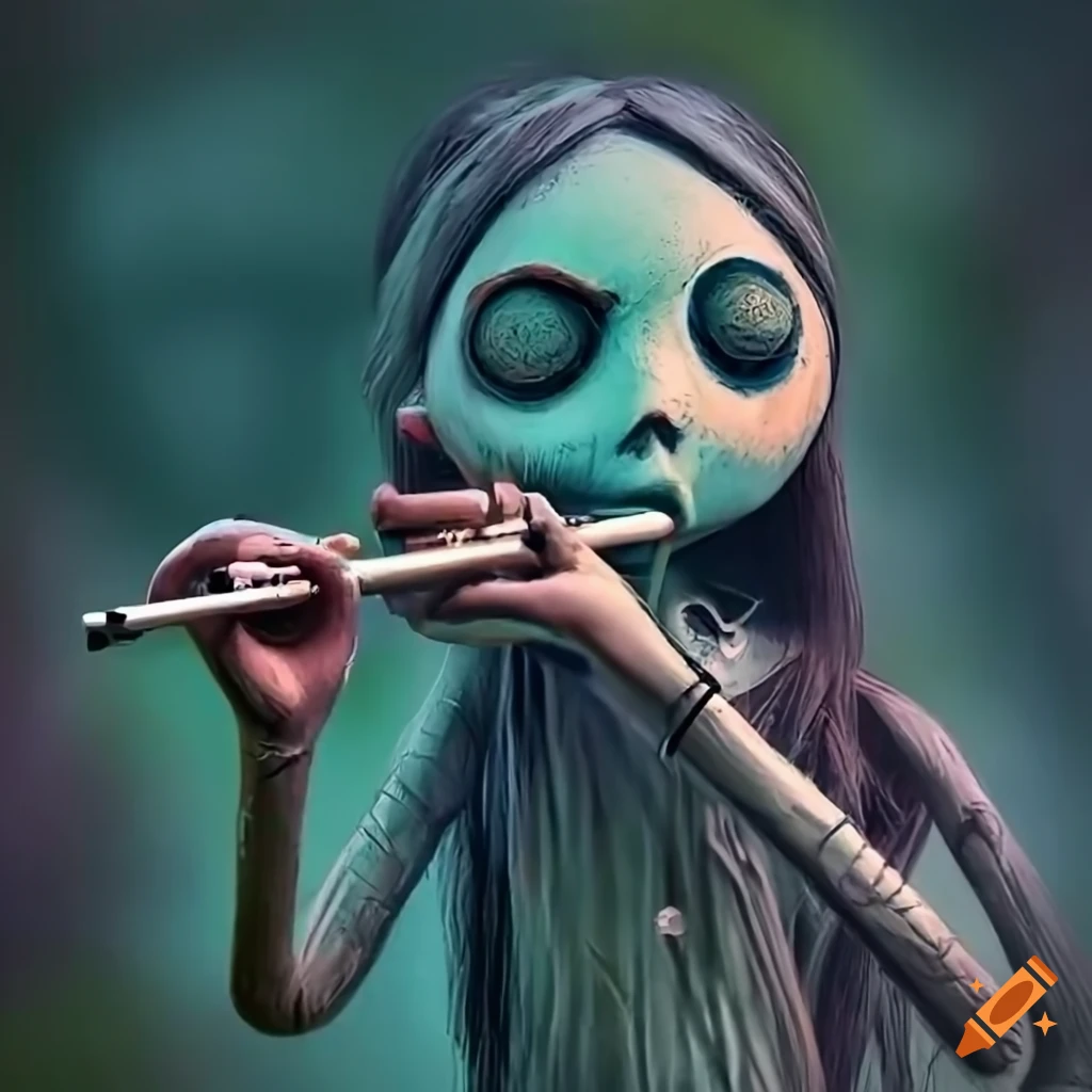 Hyper realistic claymation image of a girl playing flute in moonlit ...