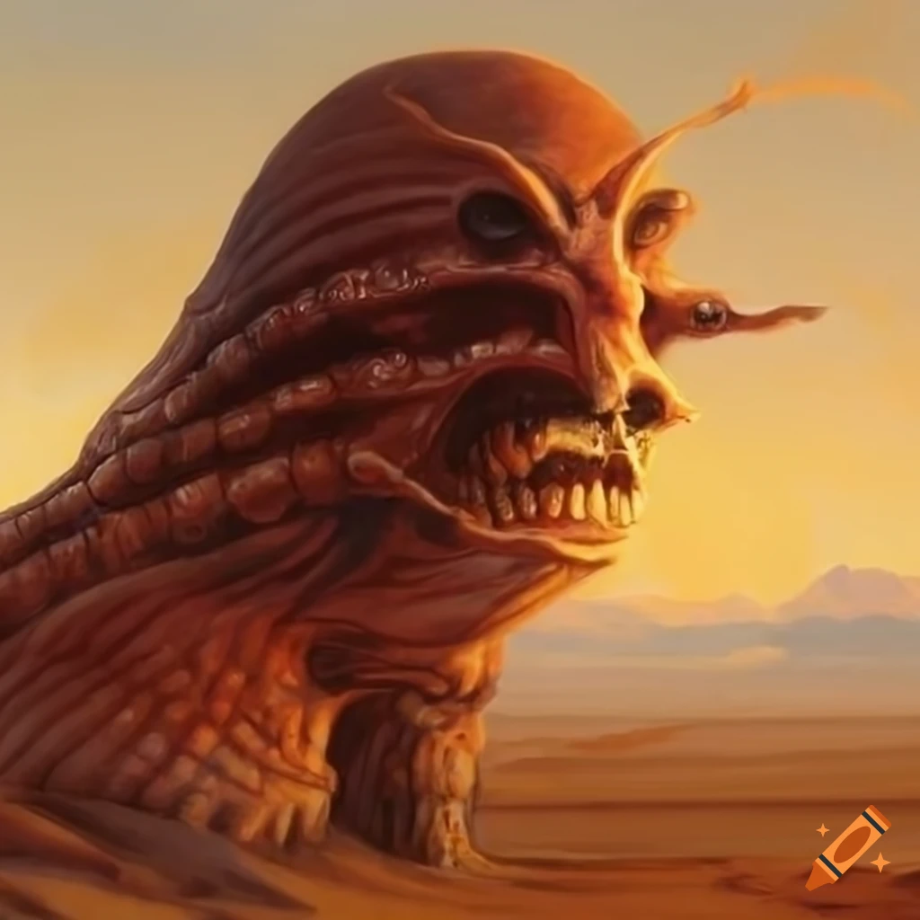Painting of a Mongolian death worm in the desert on Craiyon