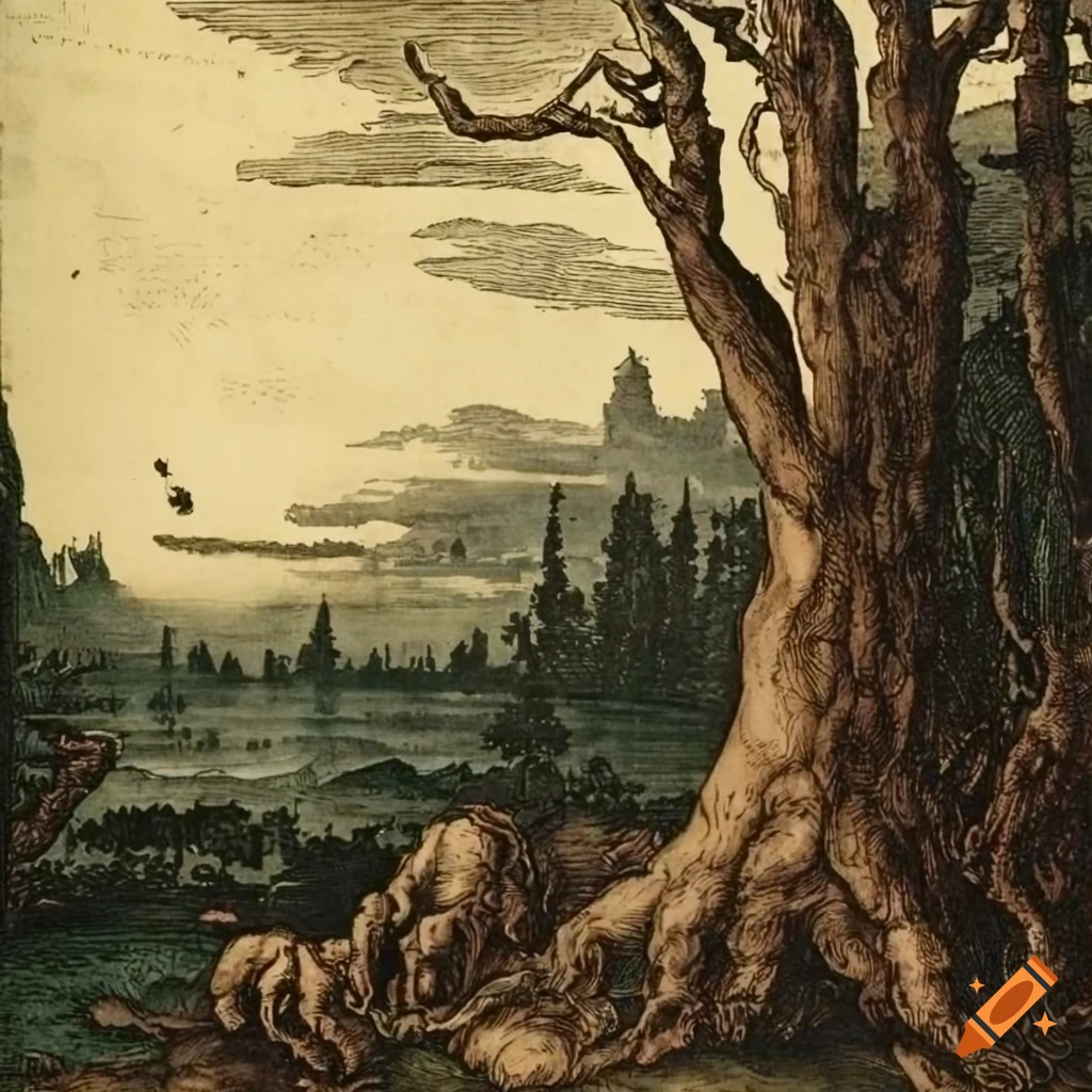 Woodcut artwork of a dark atmospheric forest