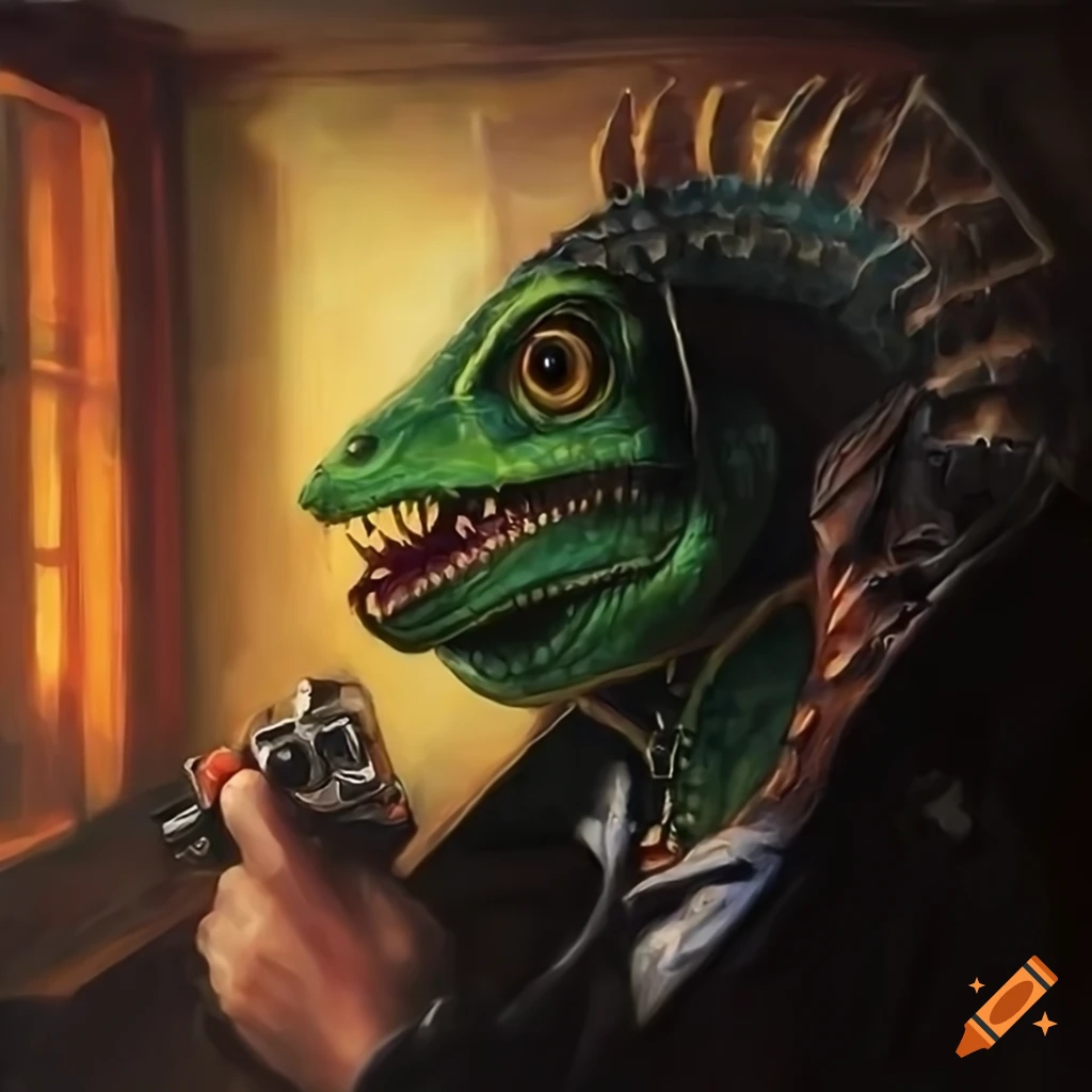 Renaissance oil painting of a cyberpunk lizard detective