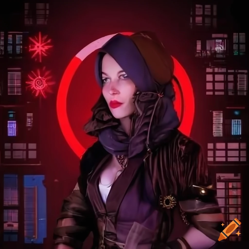 Fashionable woman in steampunk outfit in a cyberpunk cityscape on Craiyon