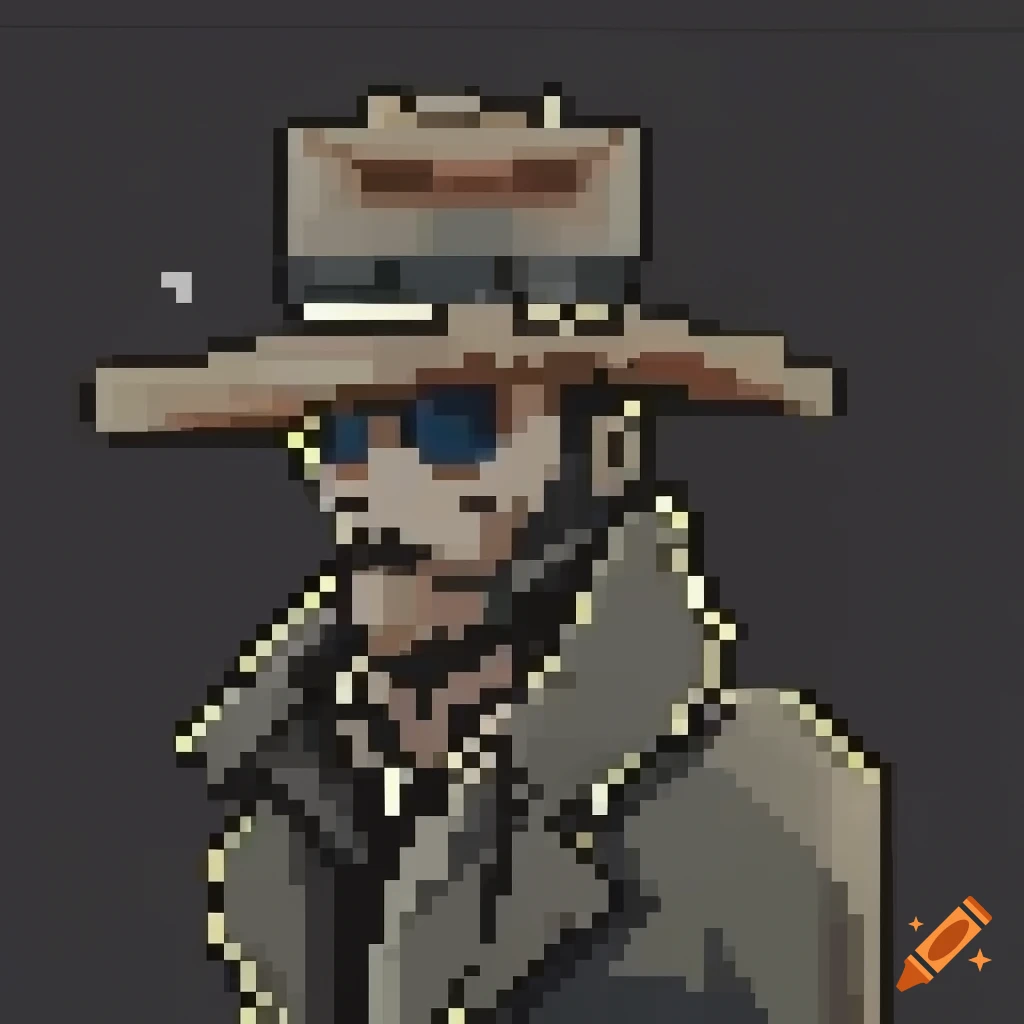 Profile view of a black-clad outlaw walking in pixel art on Craiyon
