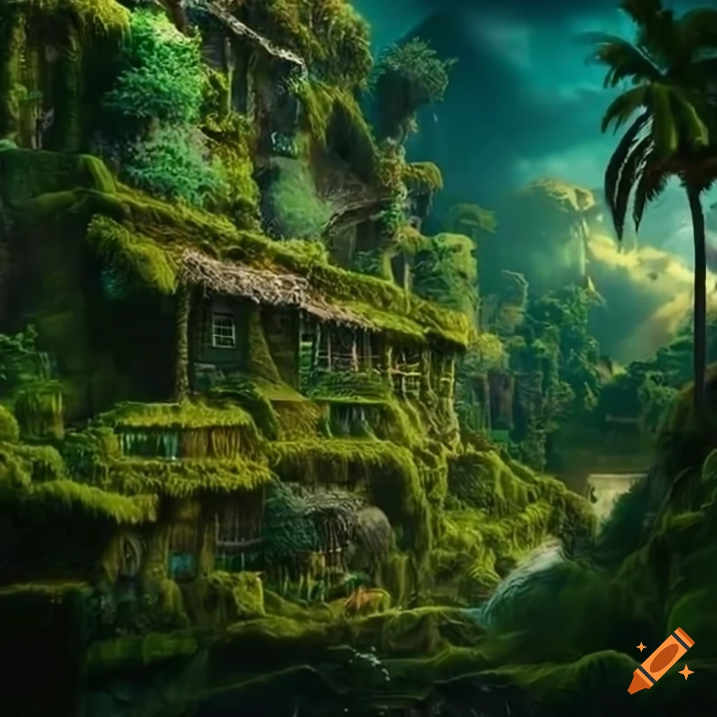 Tropical fantasy city with moss-covered buildings on Craiyon