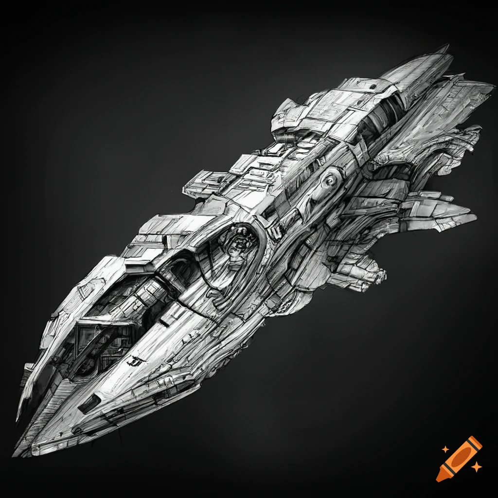 Detailed black and white artwork of a biomechanical spaceship on Craiyon