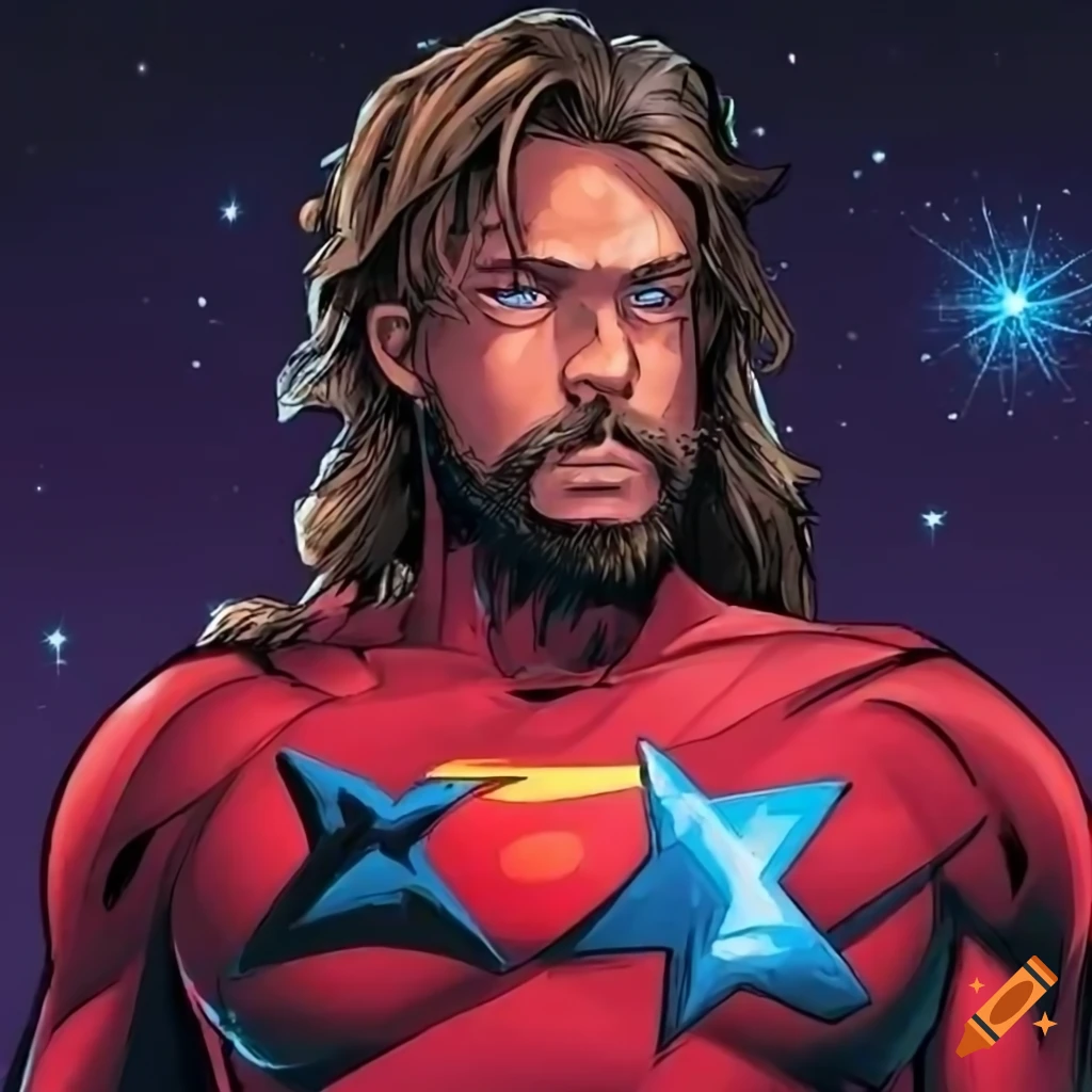 Image of a cosmic superhero with a red suit and star emblem on Craiyon