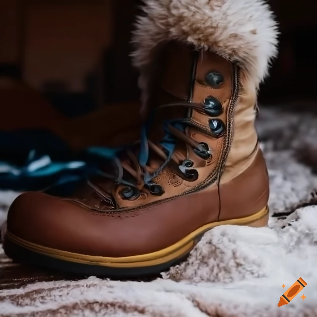 Close-up of feet in winter boots sinking into a soft blanket on Craiyon