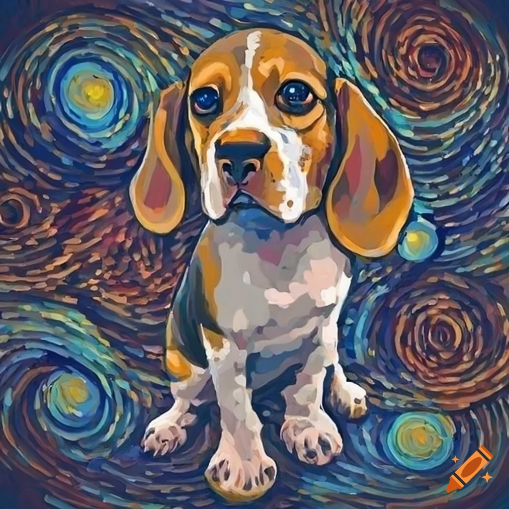Hyper detailed starry night style portrait of a beagle puppy