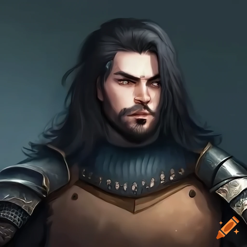 Detailed artwork of a strong knight with black hair and a pointy beard ...