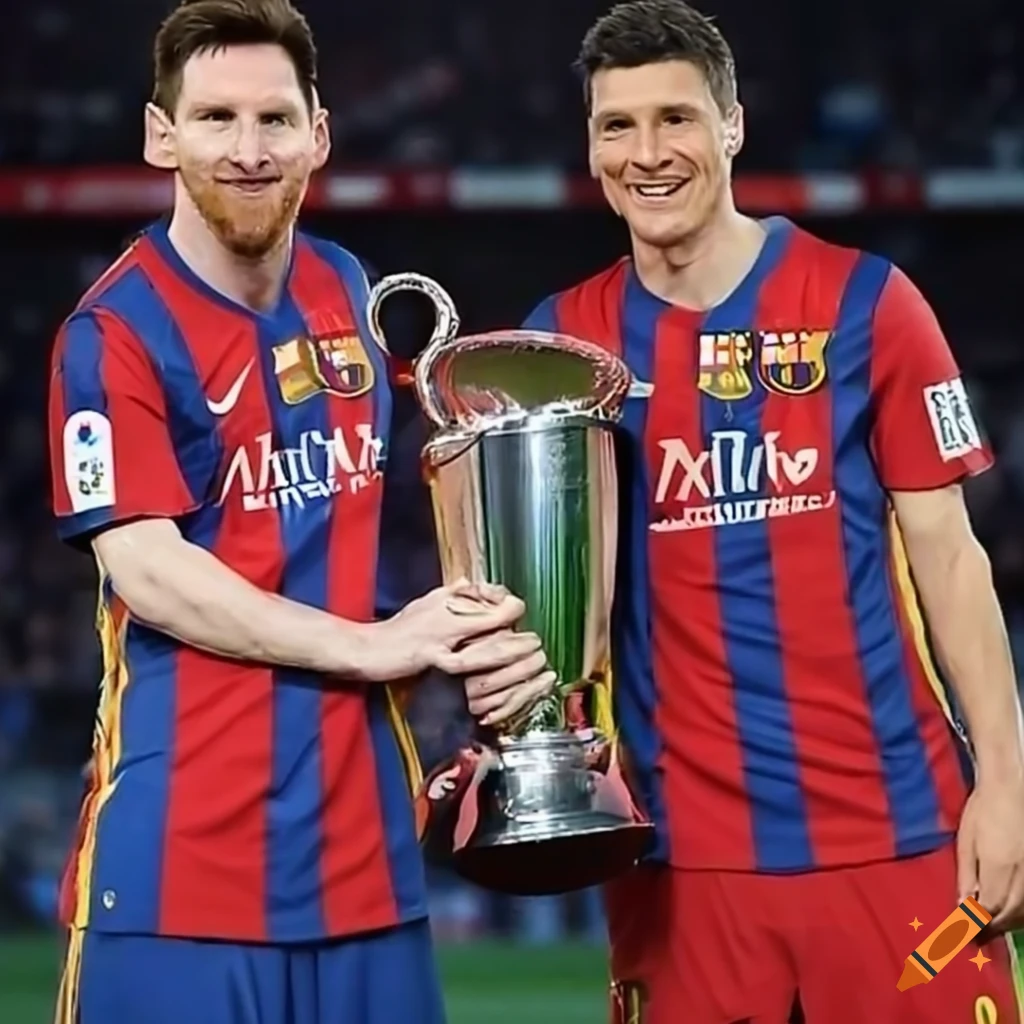 Image of messi and lewandowski with the champions cup on Craiyon