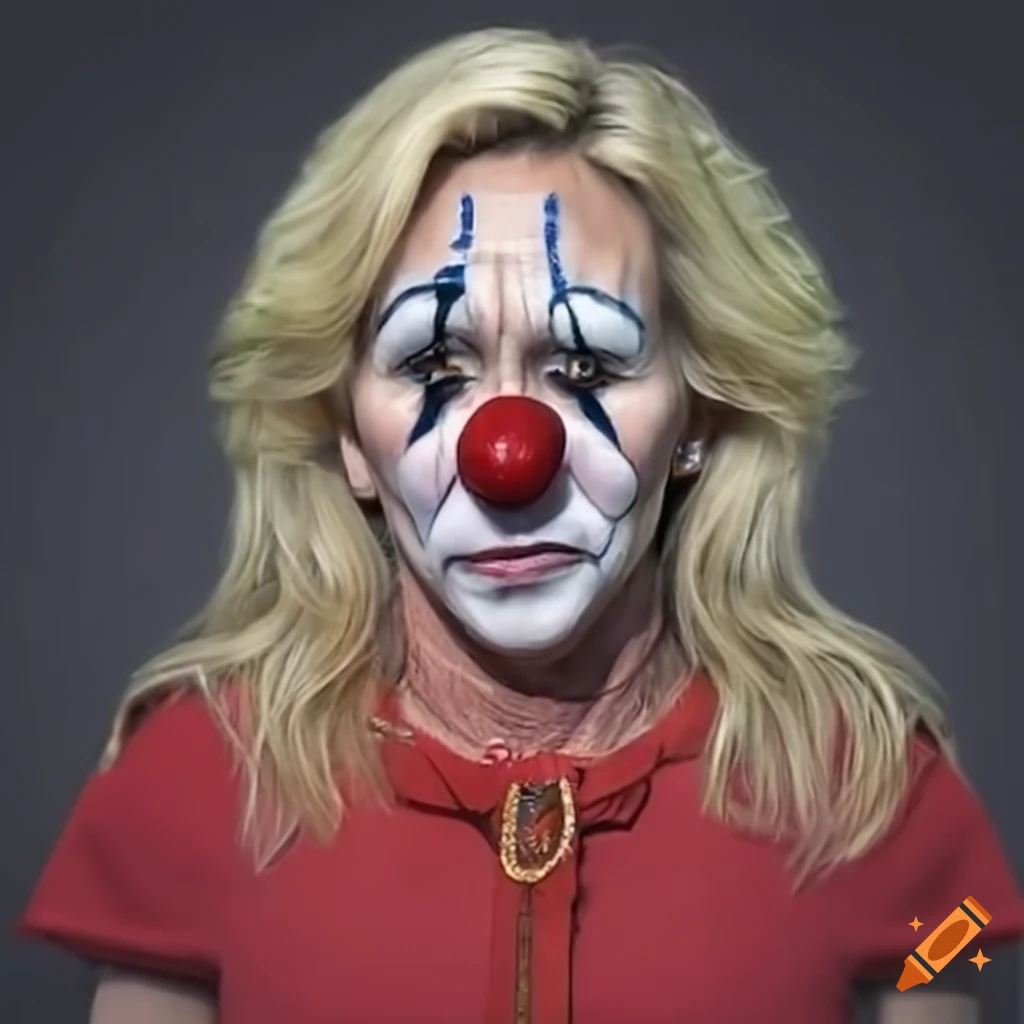 Satirical image of Marjorie Taylor Greene as a clown on Craiyon