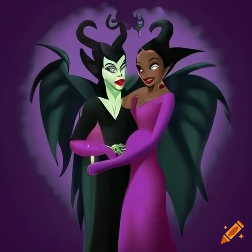 Queen maleficent and pregnant tiana sharing a loving embrace
