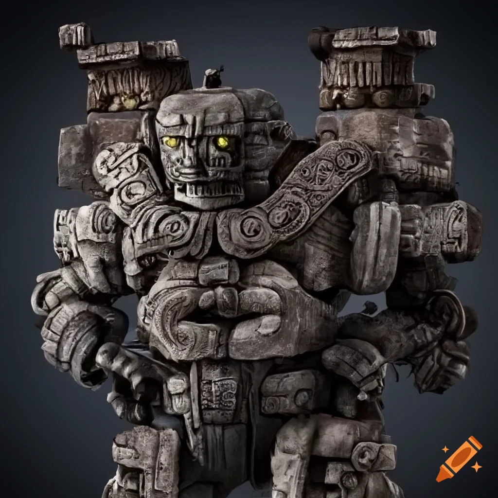 Mayan-style stone robot engaged in combat on Craiyon