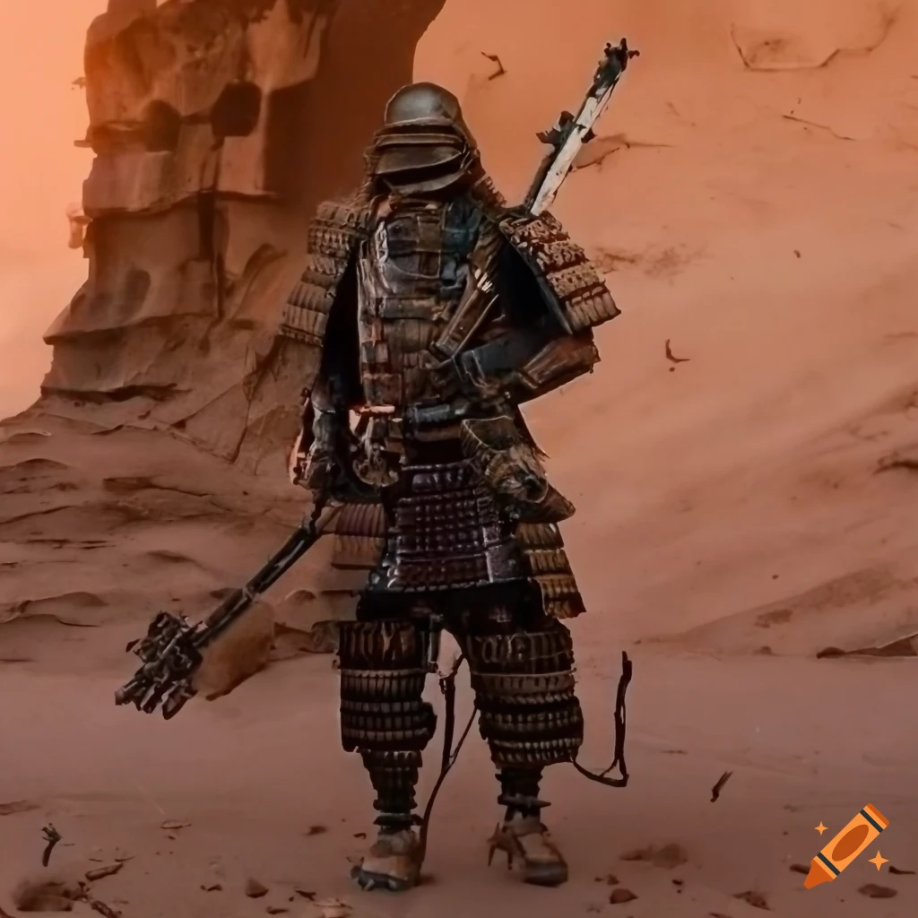 Image of a gritty cyberpunk samurai in a post-apocalyptic desert on Craiyon