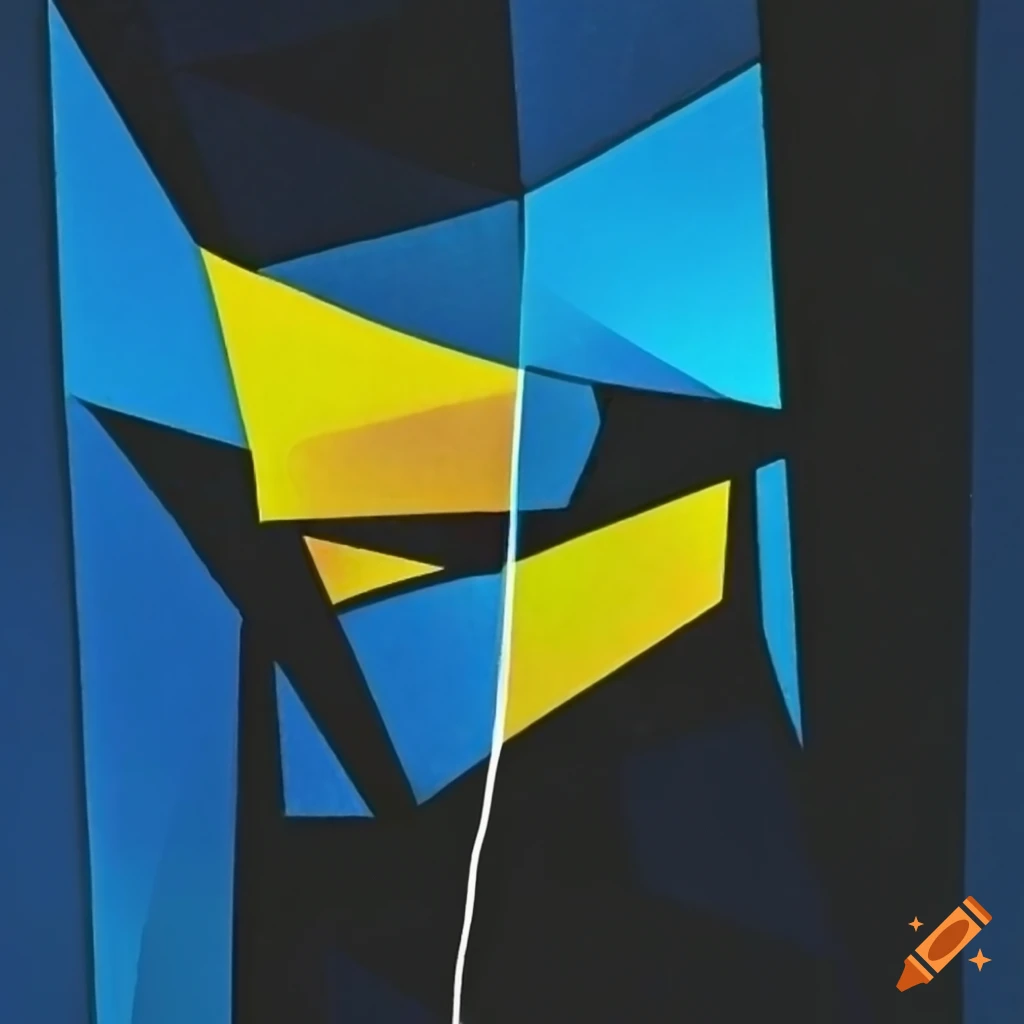 Blue, black, and yellow abstract cubism artwork