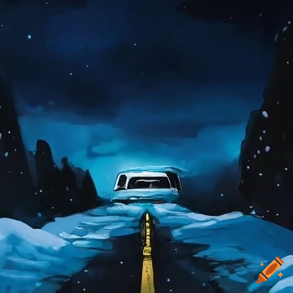 Comic book art of k.i.t.t. car rushing through snowy road