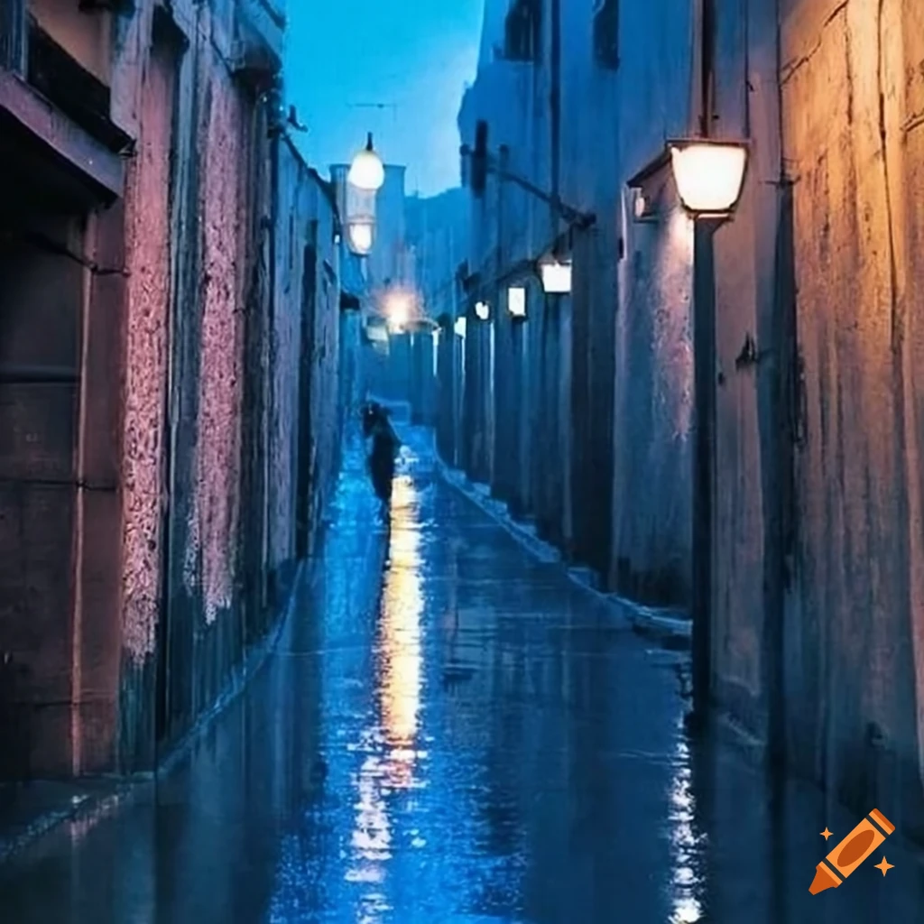 Urban photography of a rainy alley with umbrellas on Craiyon