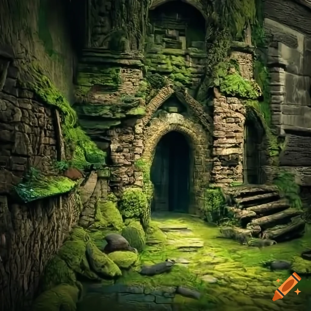 Detailed 4k image of a mystical medieval overgrown village on Craiyon