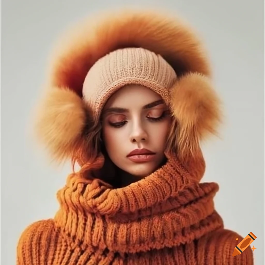 Woman wearing chunky knit turtleneck and winter hat