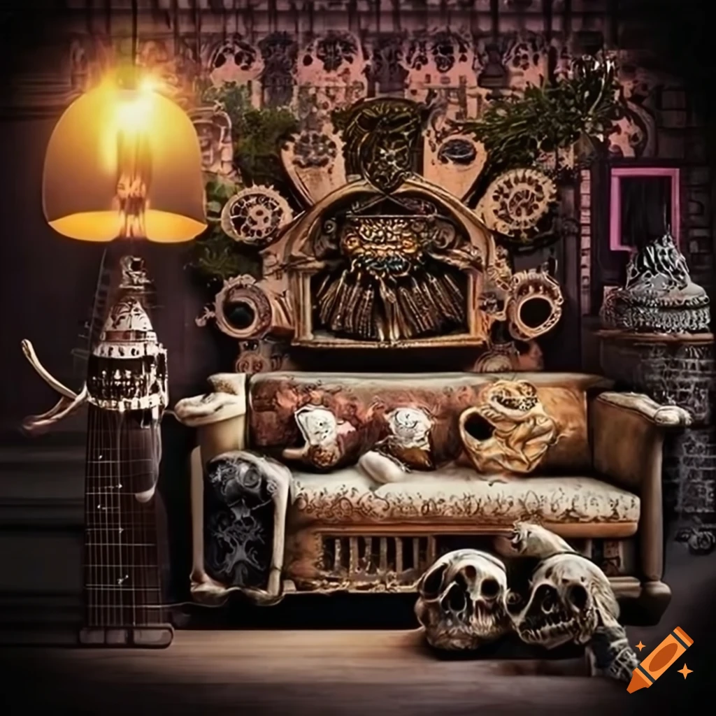 Punk living room with skulls and gothic motifs on Craiyon