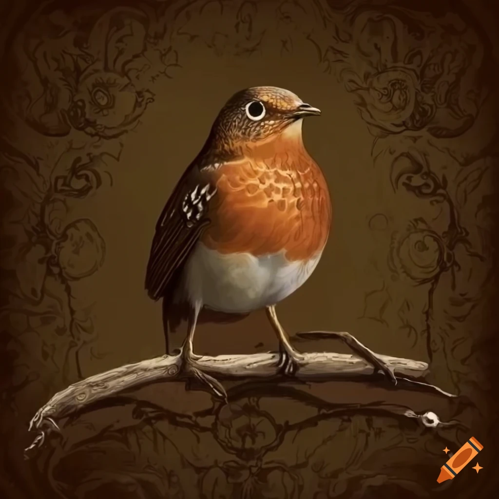 Detailed art nouveau Andean thrush on branch with vintage wallpaper ...