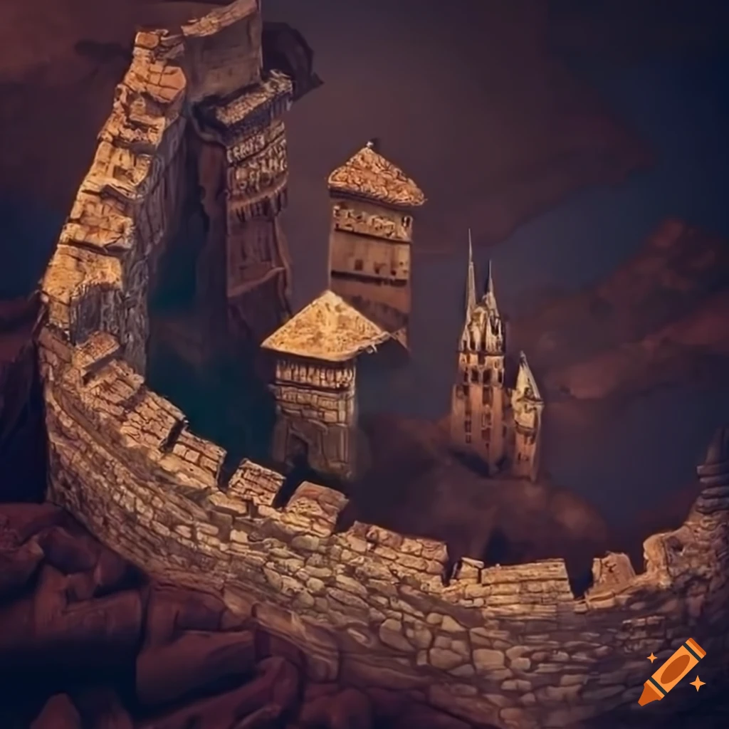 Aerial view of a small fantasy city with stone walls on Craiyon