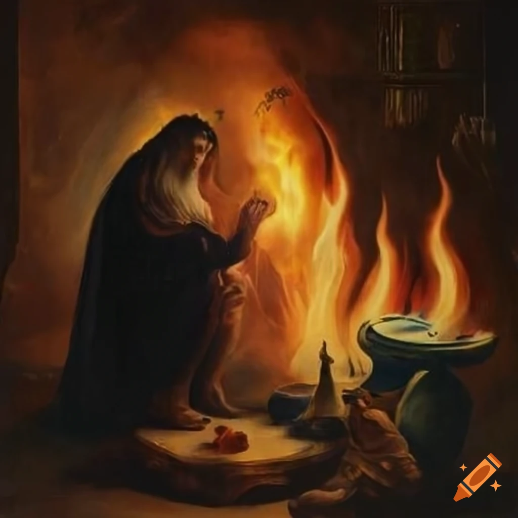 Mystical painting of an alchemist engulfed in fire